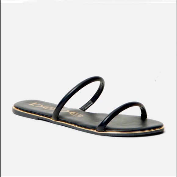 bebe | Shoes | Bebe Sandals Black And Golden Detailing Faux Leather ...